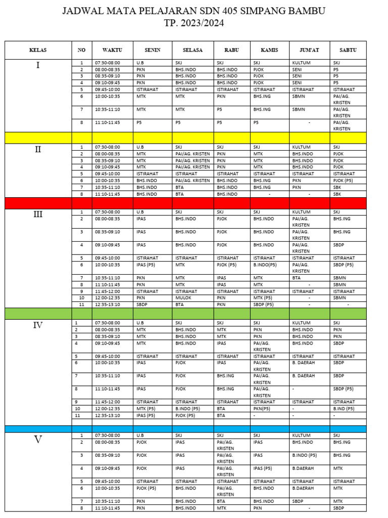 Jadwal Pelajaran SDN 405 2023/2024 | PDF