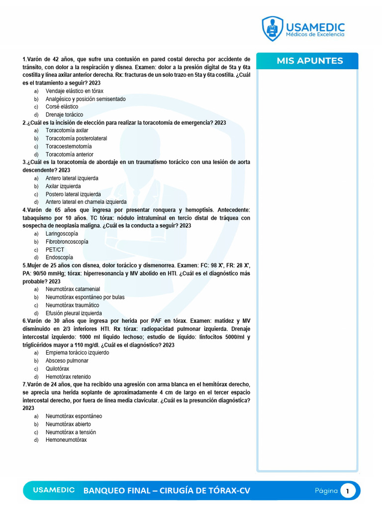 Cirugía de Tórax y Cardiovascular - Banqueo Final Usamedic 2024 | PDF | Causas de la muerte ...