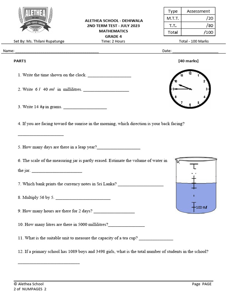 Grade 4 Maths 2nd Term Test 2023 | PDF | Litre | Numismatics