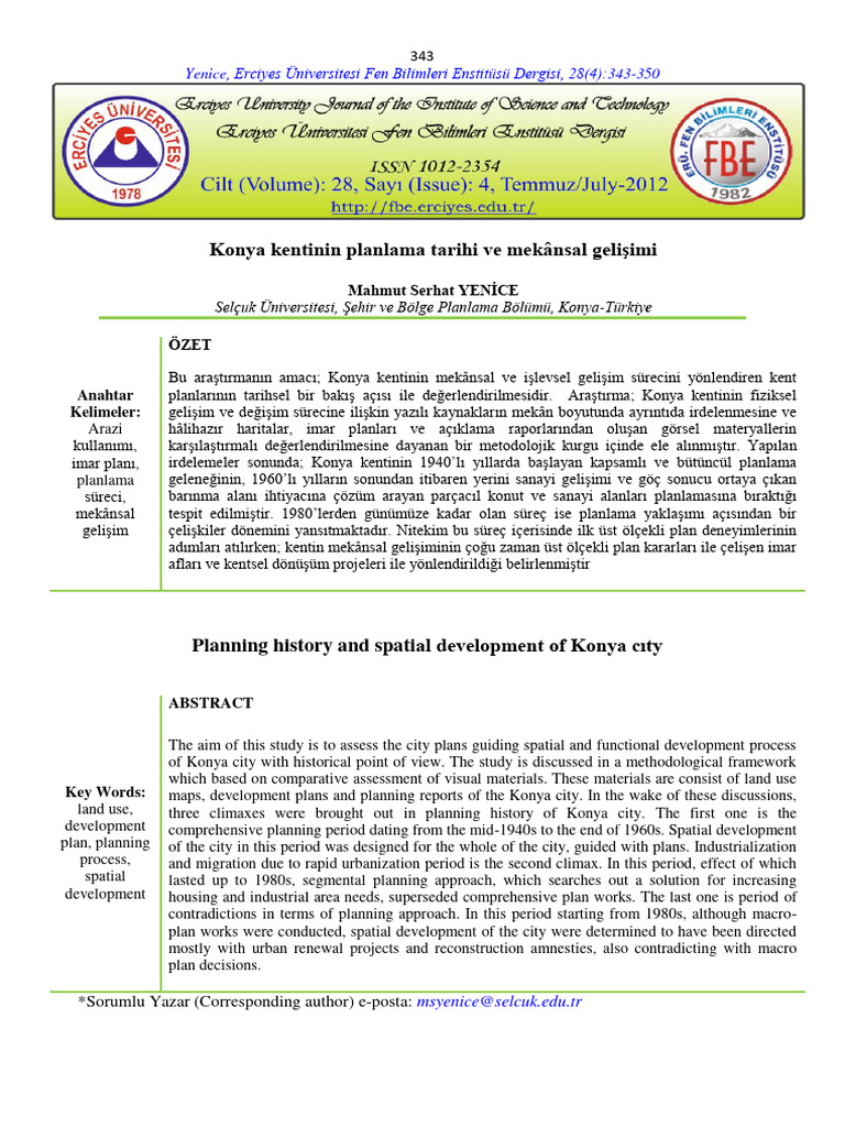 Konya Kentinin Planlama Tarihi Ve Mek - Nsal Geli - Imi (#269665) - 236149 | PDF