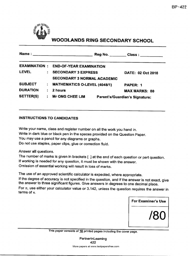Sec3 EMaths 2018 SA2 Woodlands | PDF