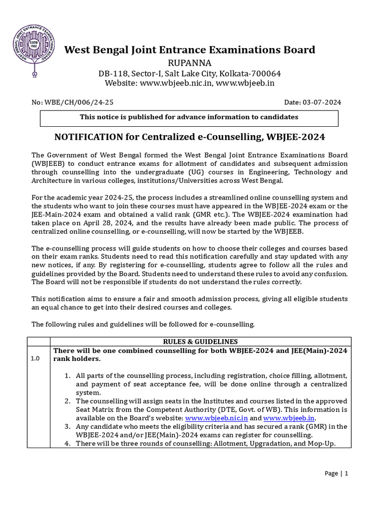 WBJEE 2024 COUNSELLING Notification Final 030724 | PDF | University And College Admission