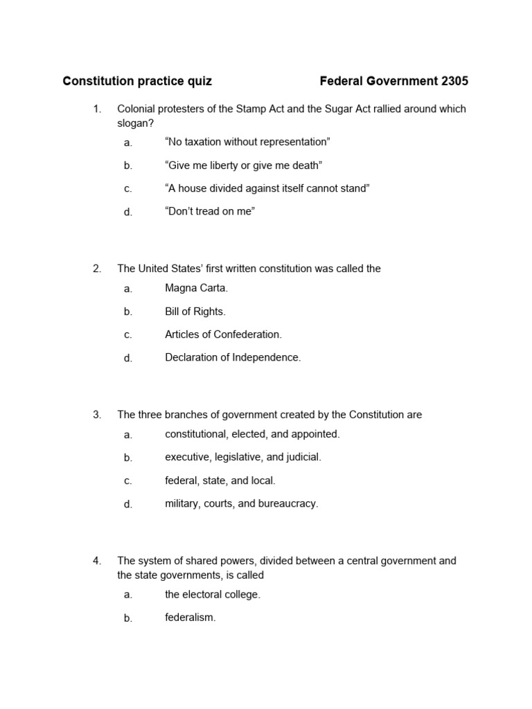 Constitution Practice Quiz | PDF | Separation Of Powers | Legislature