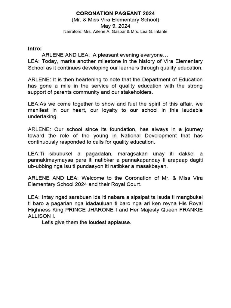 Coronation Pageant 2024-Vira Elem Day | PDF