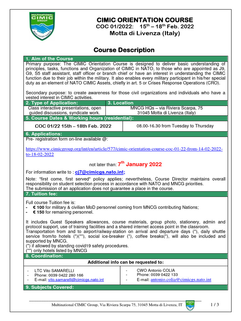 CIMIC - Orientation - Course - COC - 01 - 22 | PDF