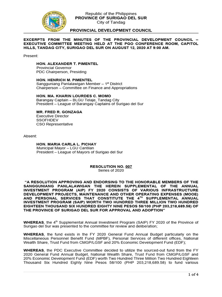 PDC EXECOM RESOLUTION 07 of 2020 4th SAIP | PDF | Economies