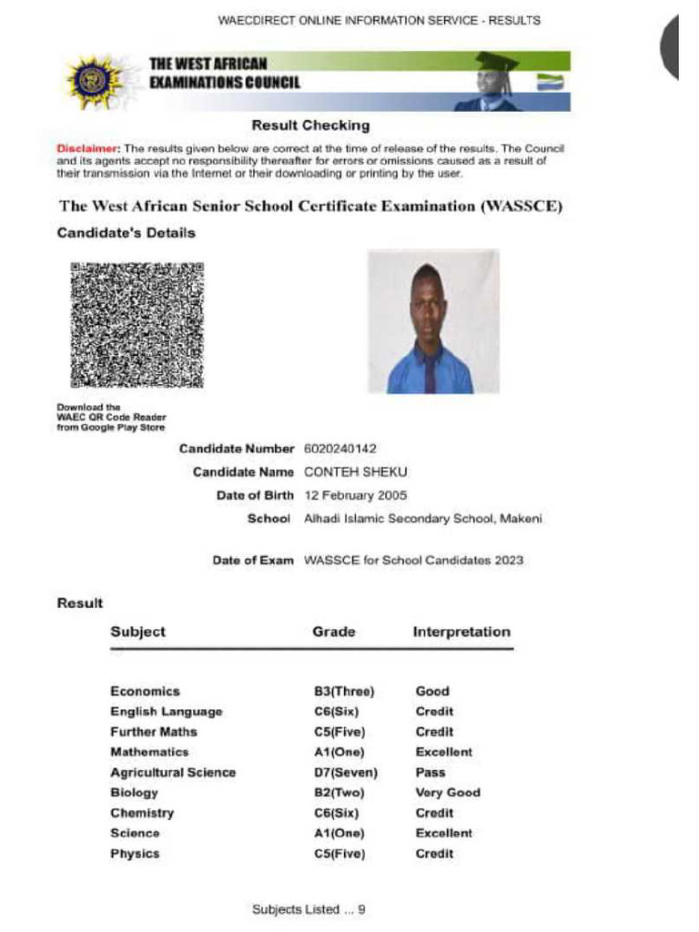 SHEKUBA CONTEH_WASSCE RESULT | PDF