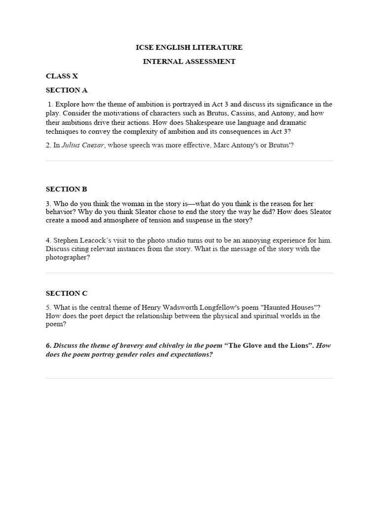 Icse English Literature - Ia 2024-25 | PDF
