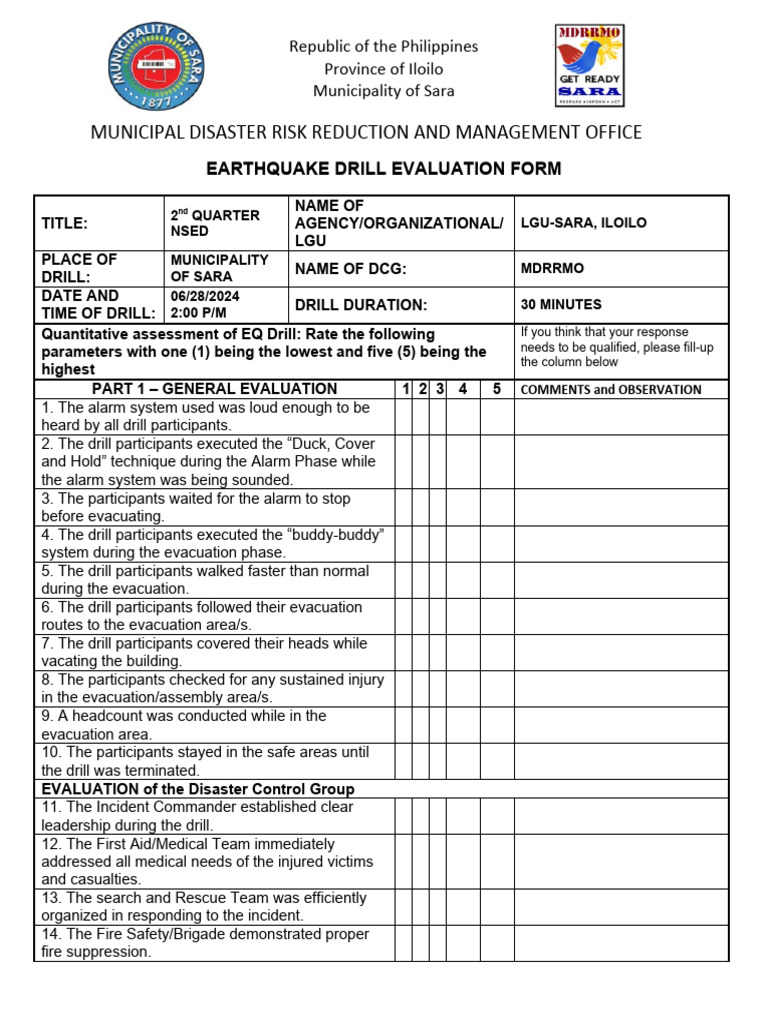 Eq Drill Evaluation Form | PDF | Emergency Evacuation | Emergency ...