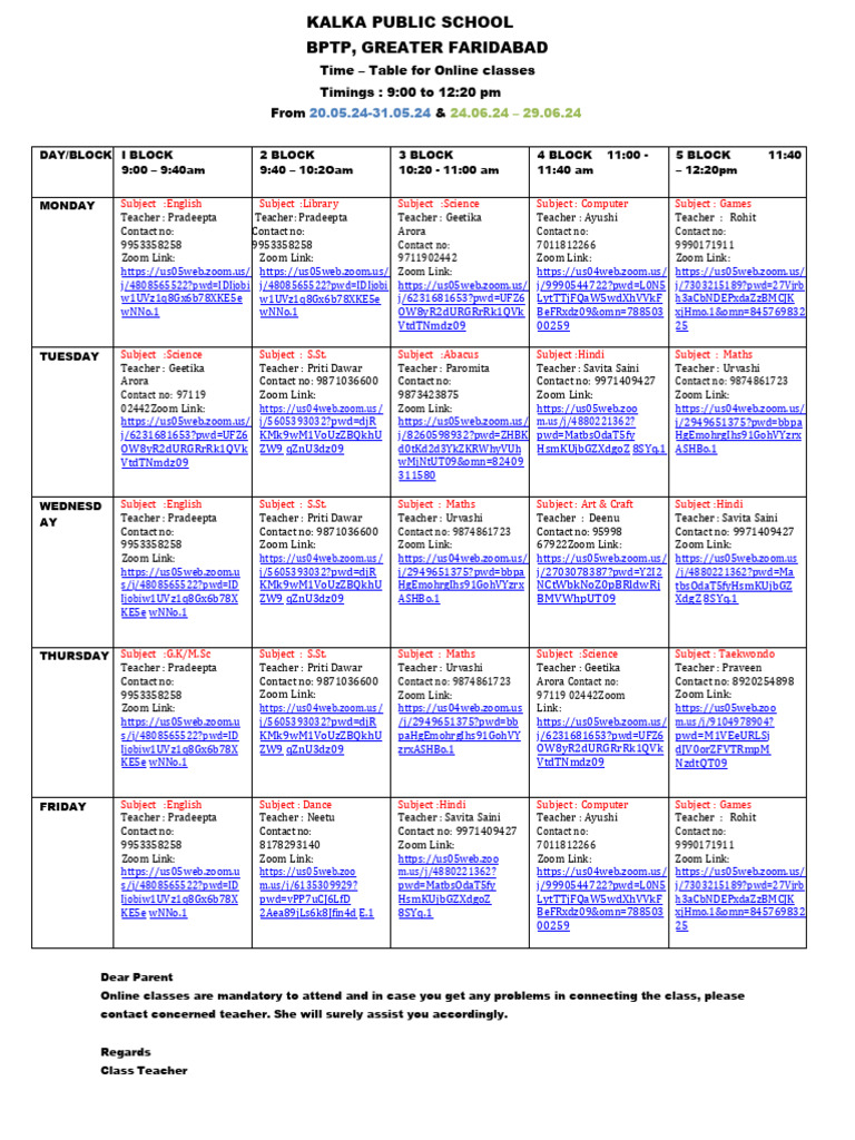 Online Time-Table For The Class 5 | PDF