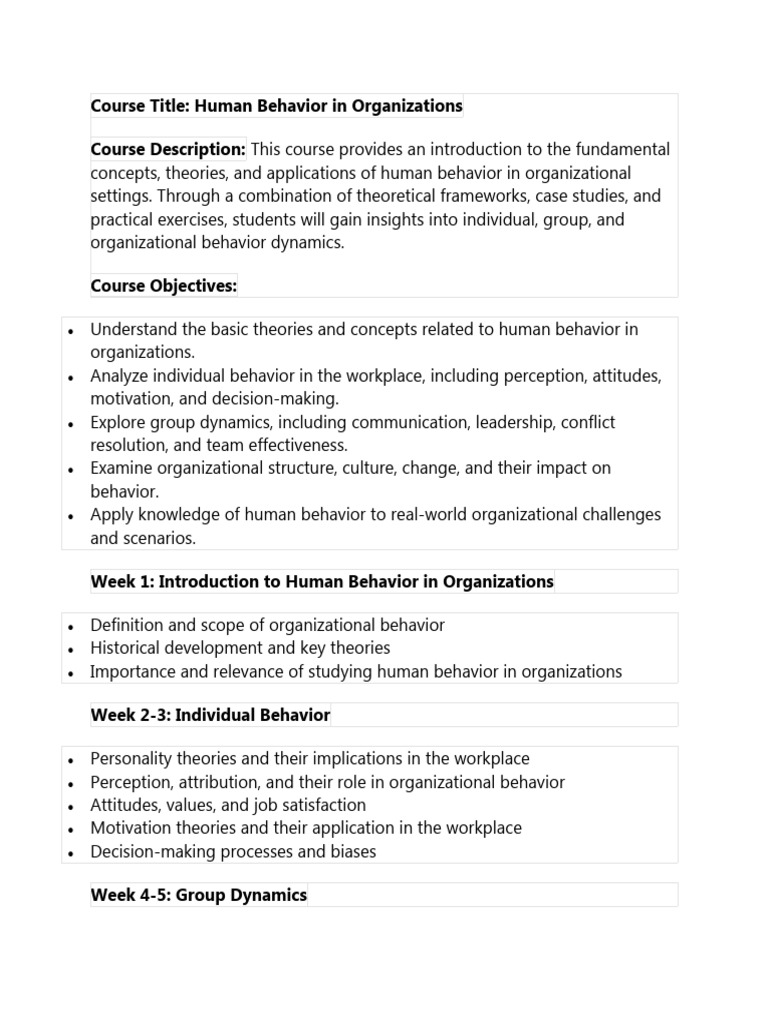 Human Behavior in Organizations Course | PDF | Organizational Behavior ...