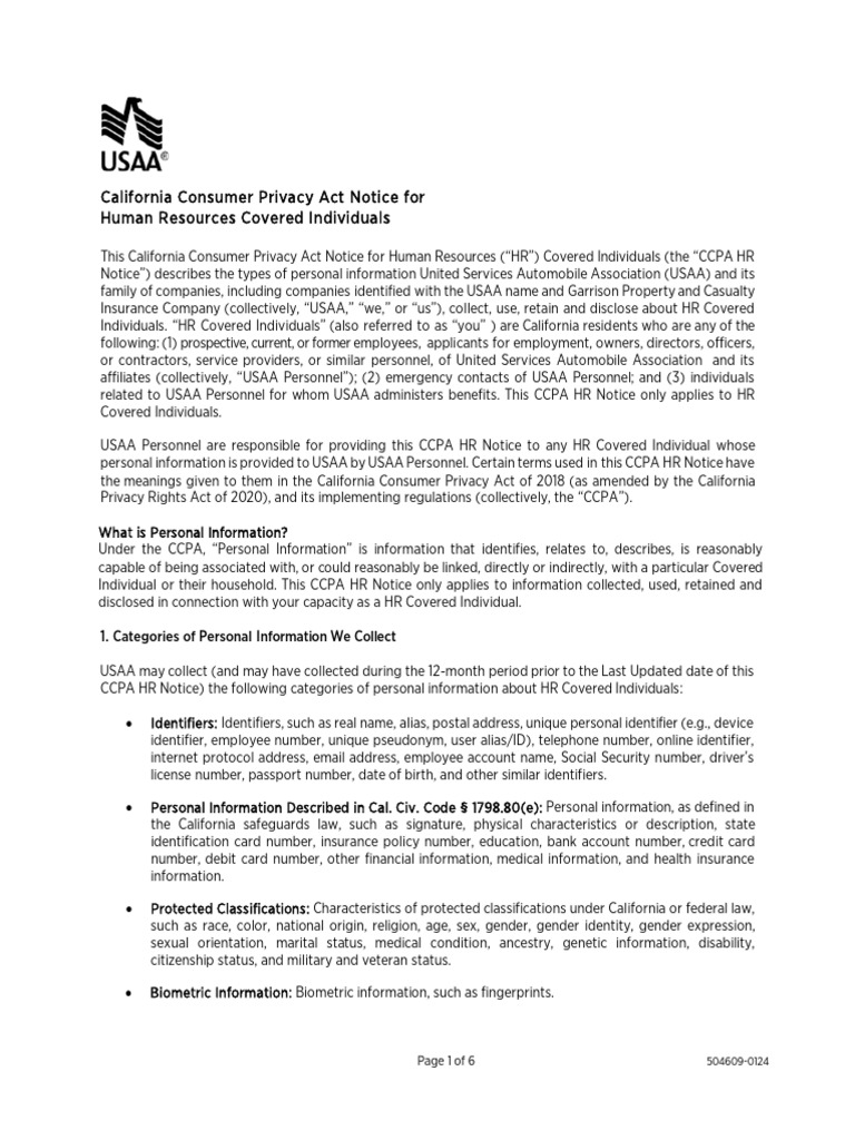 USAA CCPA Notice for HR Individuals | PDF | Identity Document | Information