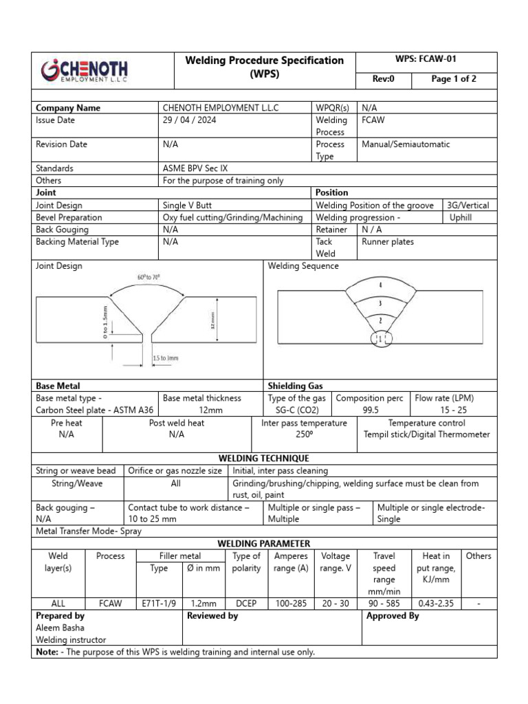 3g Fcaw Wps For Training | PDF | Welding | Construction