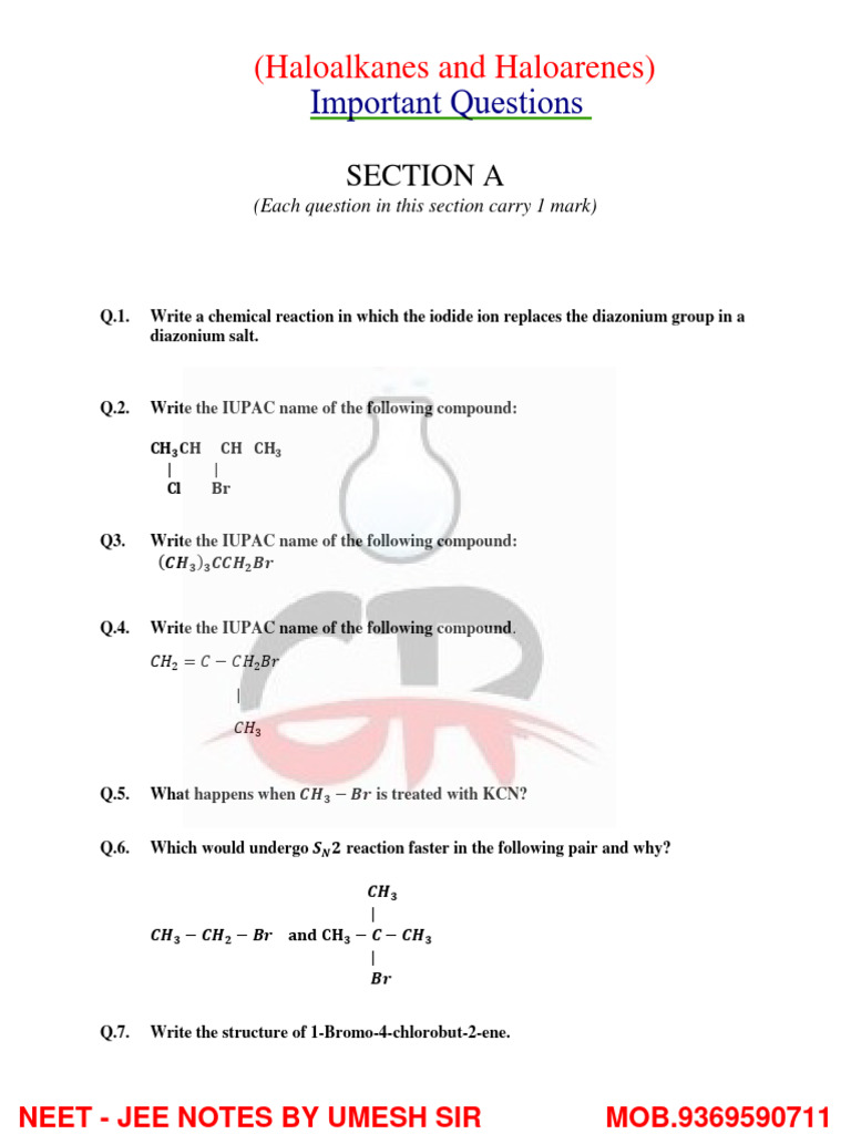 (Haloalkanes and Haloarenes) Important Unsolved Questions | PDF | Chemical Reactions | Unit ...