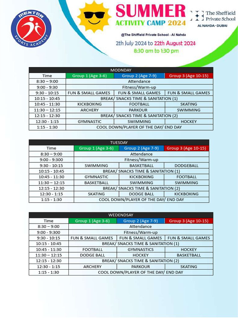 Sheffield Camp Program Updated | PDF | Team Sports | Physical Exercise