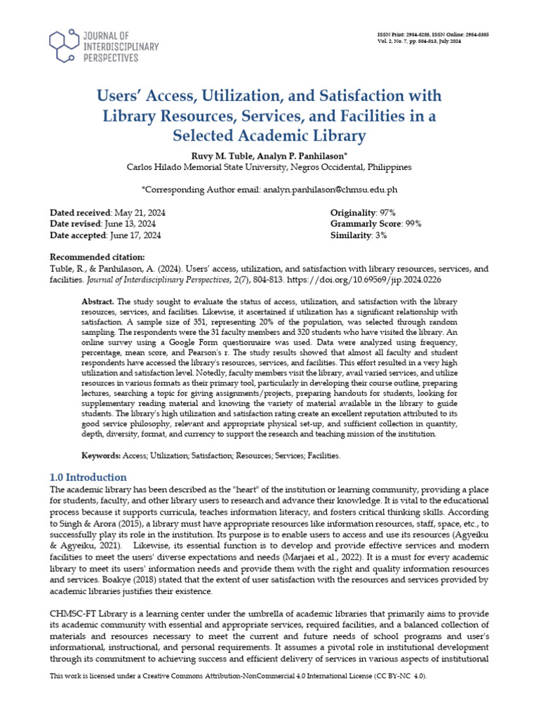 Users' Access, Utilization, and Satisfaction With Library Resources, Services, and Facilities in ...