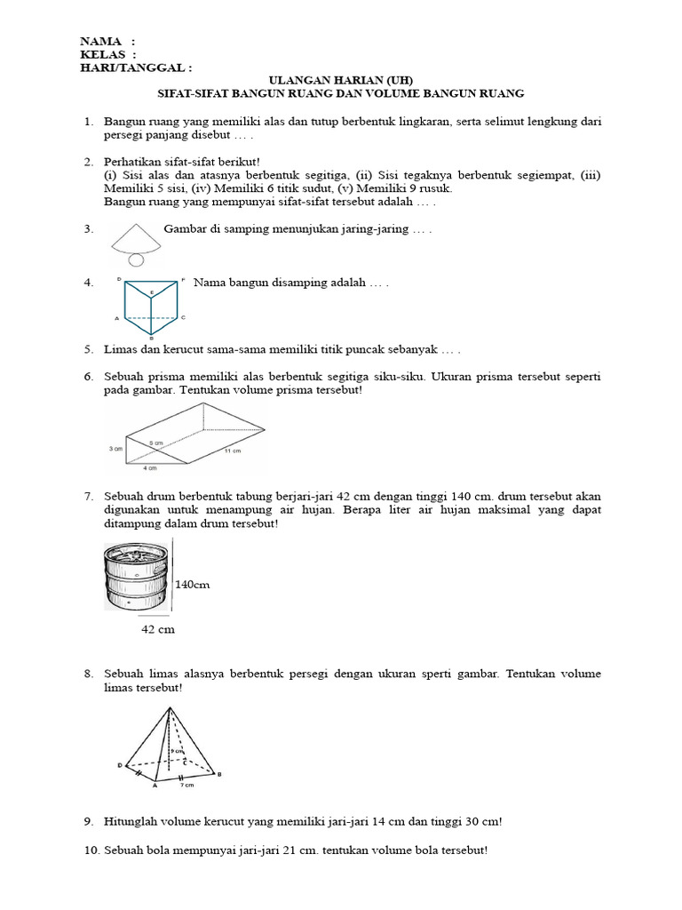Ulangan Harian MTK Bangun Ruang | PDF