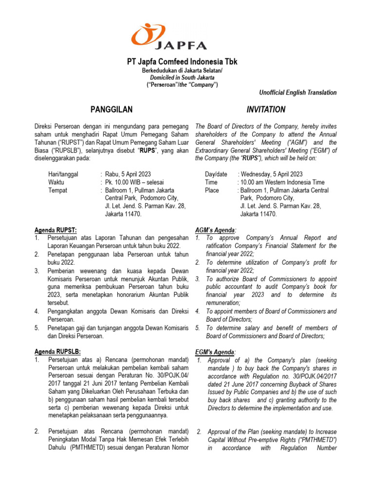PT Japfa TBK Invitation - 20230314 | PDF