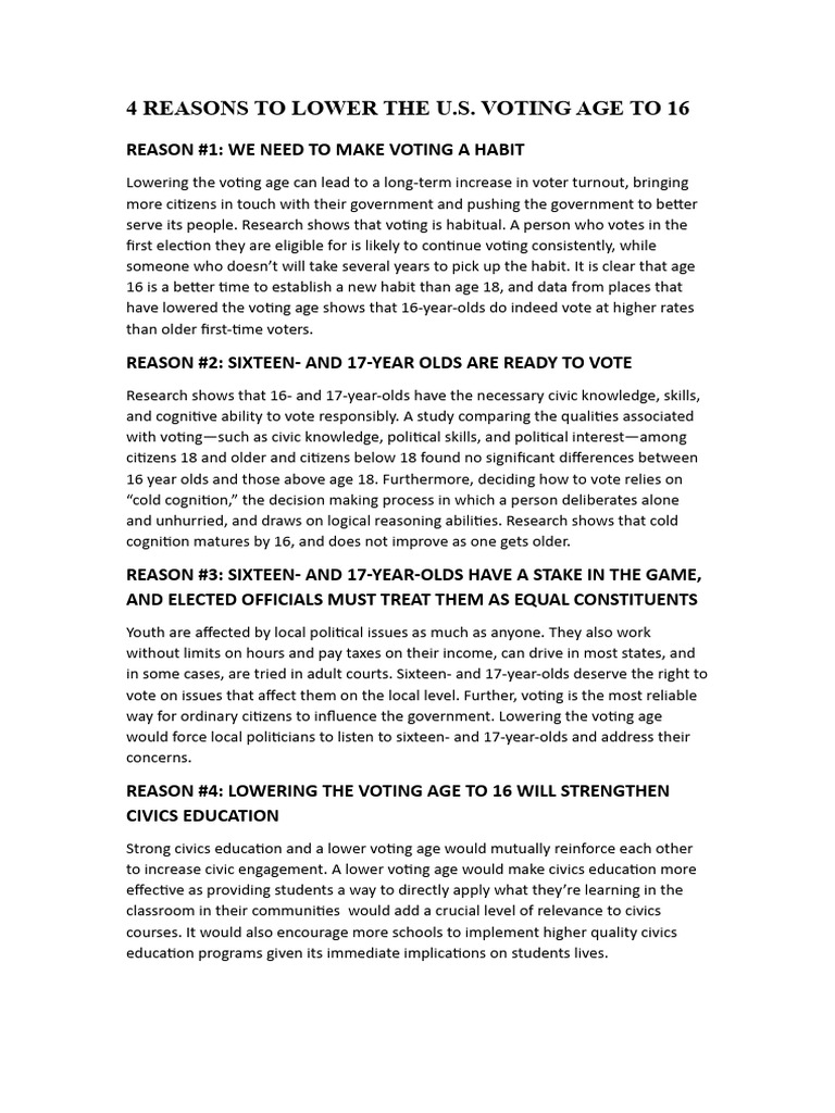 4 Reasons To Lower The Voting Age To 16 | PDF | Reason | Voting