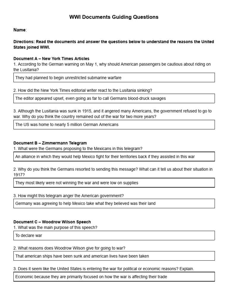 WWI Documents Guiding Questions | PDF | Rms Lusitania | Conflicts