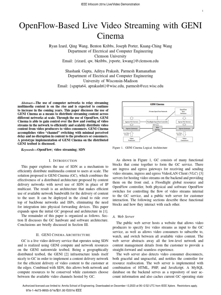 OpenFlow-based Live Video Streaming With GENI Cinema | PDF | Computer Network | Streaming Media