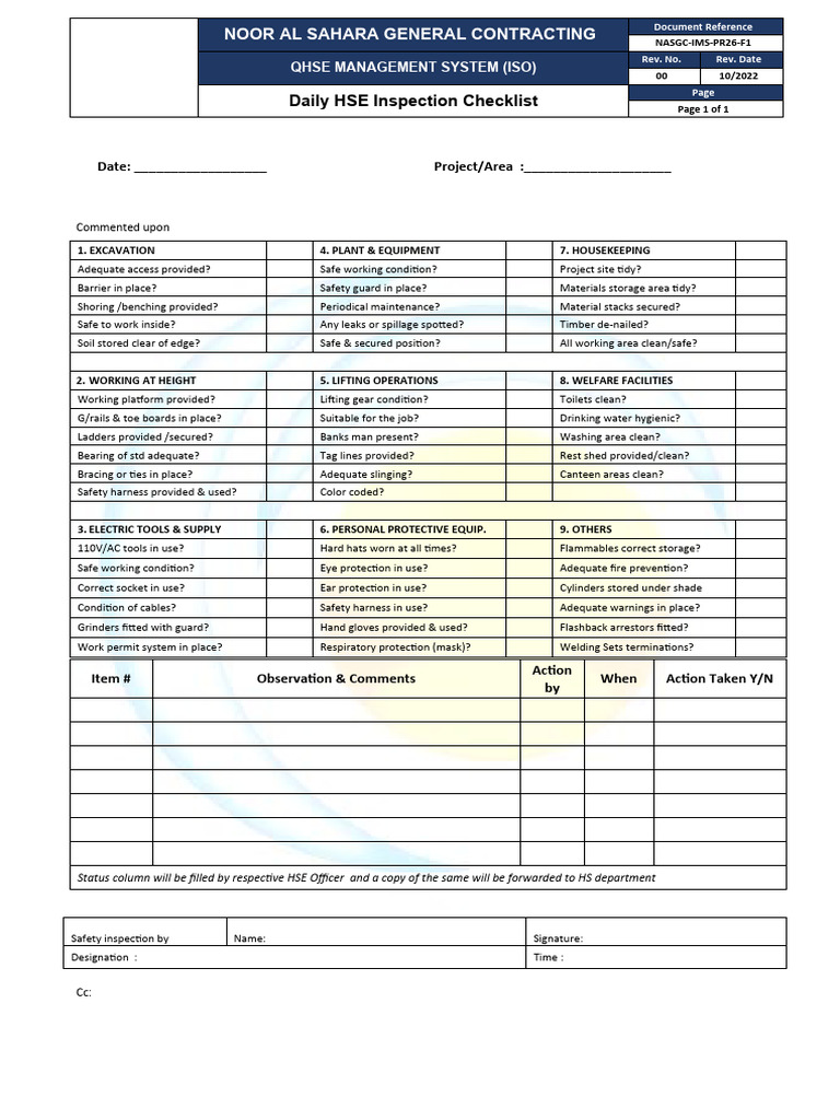 NASGC-IMS-PR26-F1 - Daily HSE Inspection Checklist | PDF | Safety