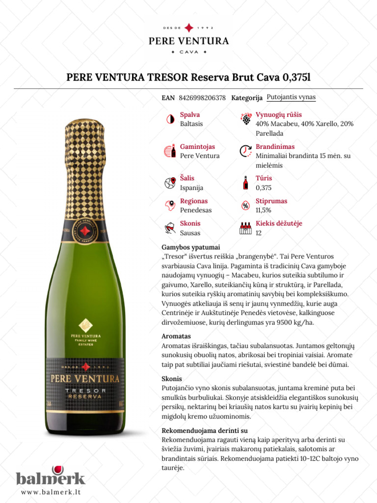 PERE VENTURA TRESOR Reserva Brut Cava 0,375l - Balmerk | PDF
