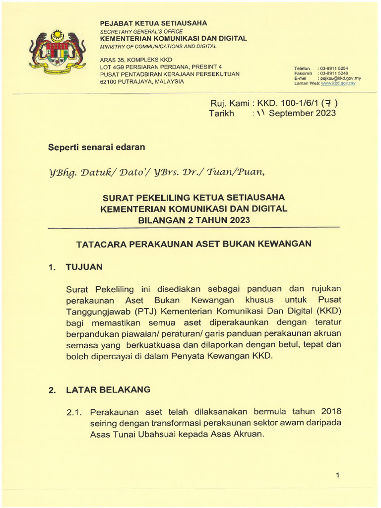 SURAT PEKELILING KSU KKD BIL 2 2023-Tatacara Perakaunan Aset Bukan Kewangan | PDF