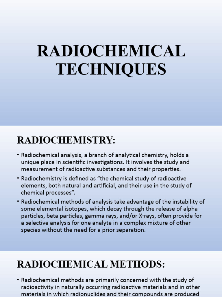 Lec 9 Radiochemical Techniques | PDF | Chemistry | Physical Sciences