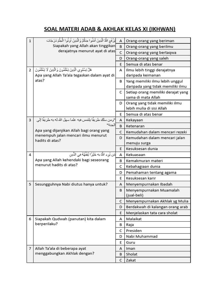 Soal Materi Adab & Akhlak Kelas Xi (Ikhwan) | PDF