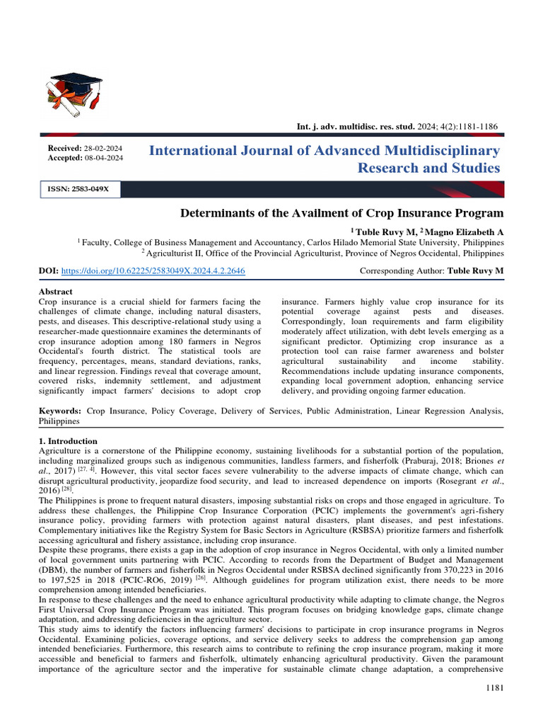 Determinants and Availment of Crop Insurance Program | PDF ...