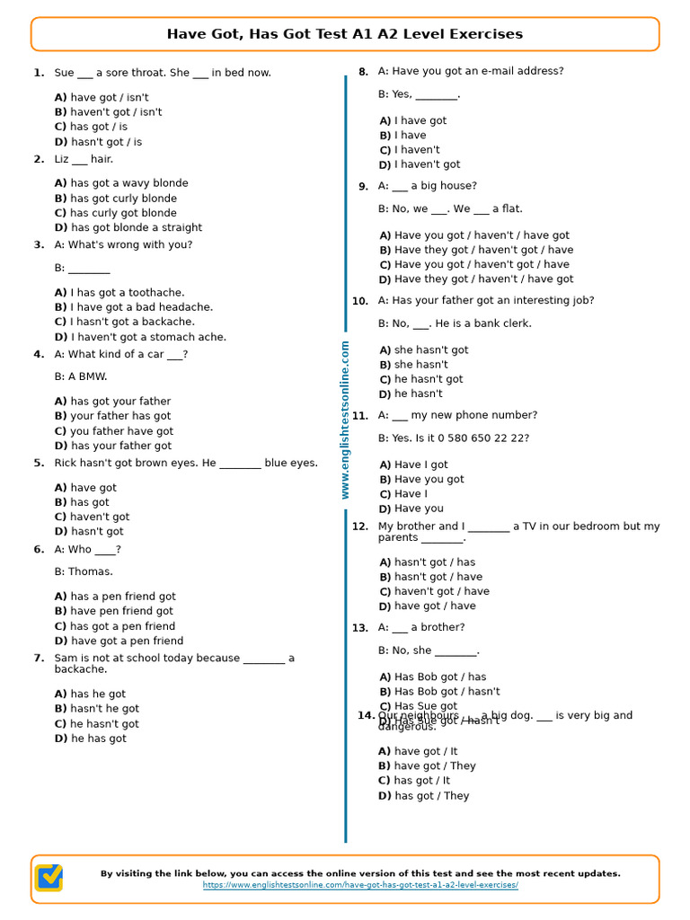 Have Got/Has Got Test A1-A2 Exercises | PDF