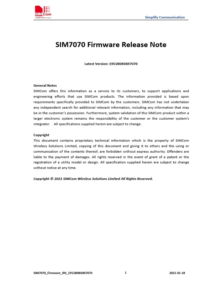 SIM7070 Firmware Release Note | PDF | File Transfer Protocol | Software Bug