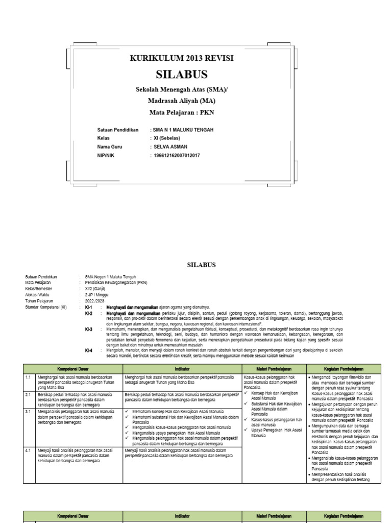 SILABUS PPKN KLS XI GANJIL 2022-2023 | PDF