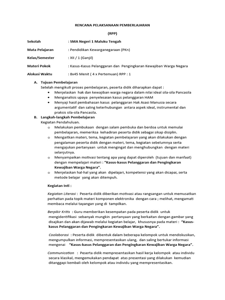 RPP SINGKAT PPKN KLS XII SEMESTER GANJIL 2023-2024 | PDF