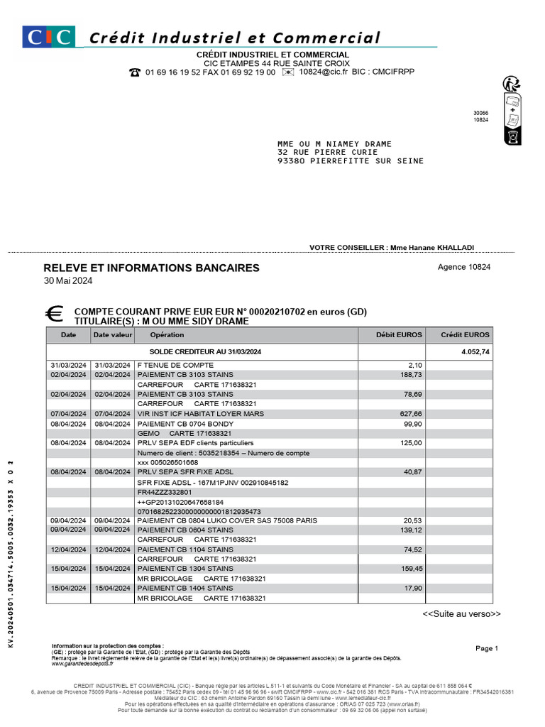 Relevé de Compte CIC - Mai 2024 | PDF | Bancaire | Économie