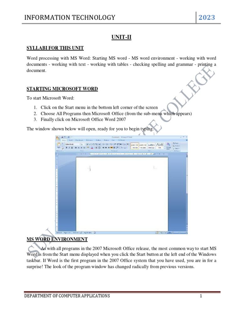 Information Technology - Unit 3 To 4 - I Year Bca | PDF | Microsoft ...