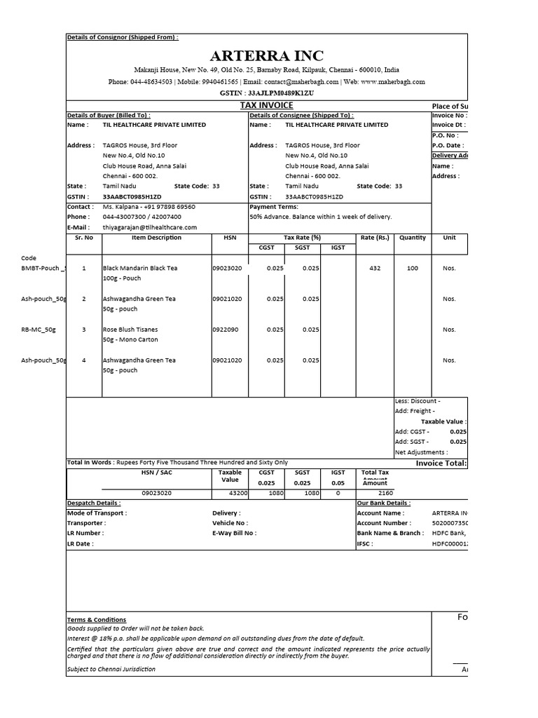 Arterra Inc: Tax Invoice | PDF | Invoice | Tea