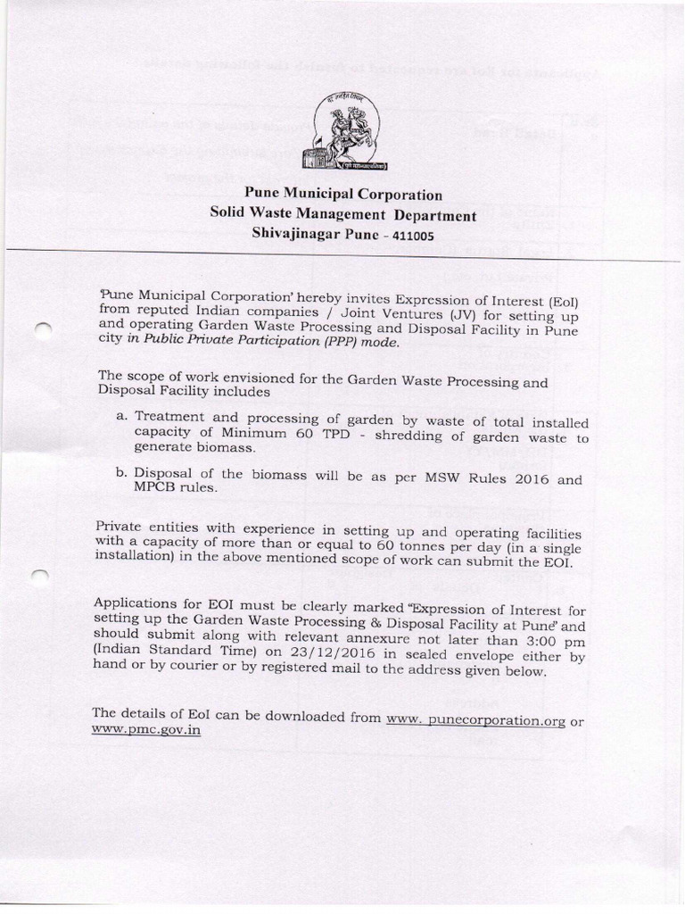 Revised Eoi Tender Set Pune Municipal Corporation | PDF