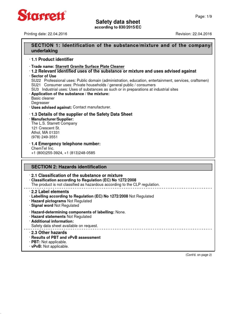 Starrett Granite Surface Plate Cleaner | PDF | Dangerous Goods | Toxicity