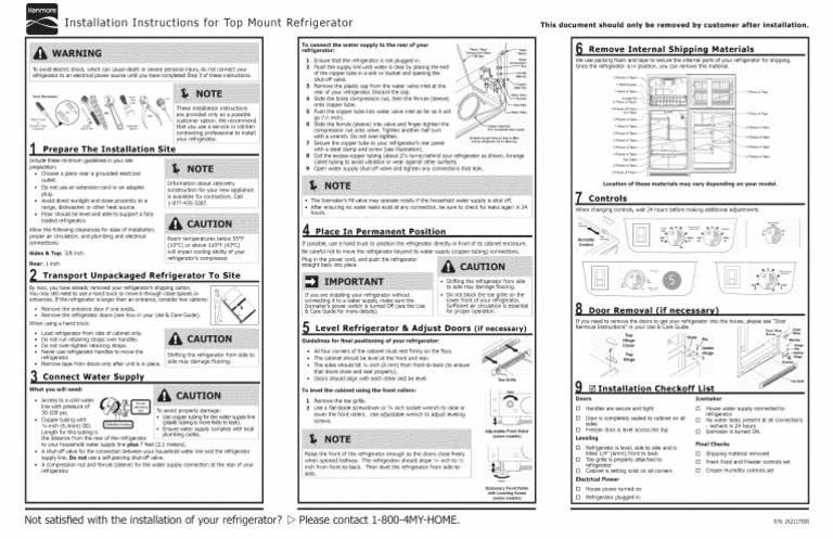 Refrigerator: Installation Instructions For Top Mount | PDF | Refrigerator | Pipe (Fluid Conveyance)