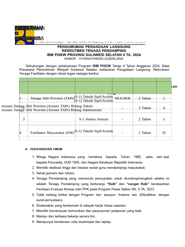 Pengumuman Rekrutmen Tenaga Fasilitator Kegiatan Pisew 2024 - Satker Wilayah II | PDF