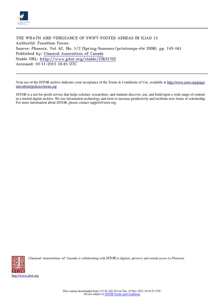 THE WRATH AND VENGEANCE OF SWIFT-FOOTED AENEAS IN ILIAD 13 Pp. 145-161 ...