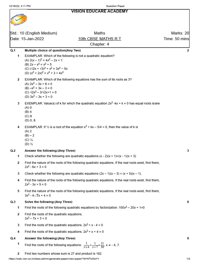 10th Maths Rt Chap 04(Set b) Qp | PDF | Factorization | Mathematical Objects
