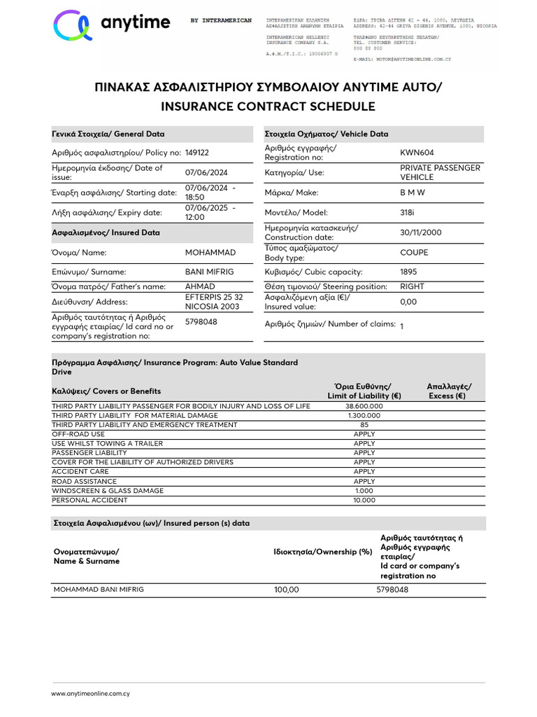 Insurance Policy Schedule | PDF