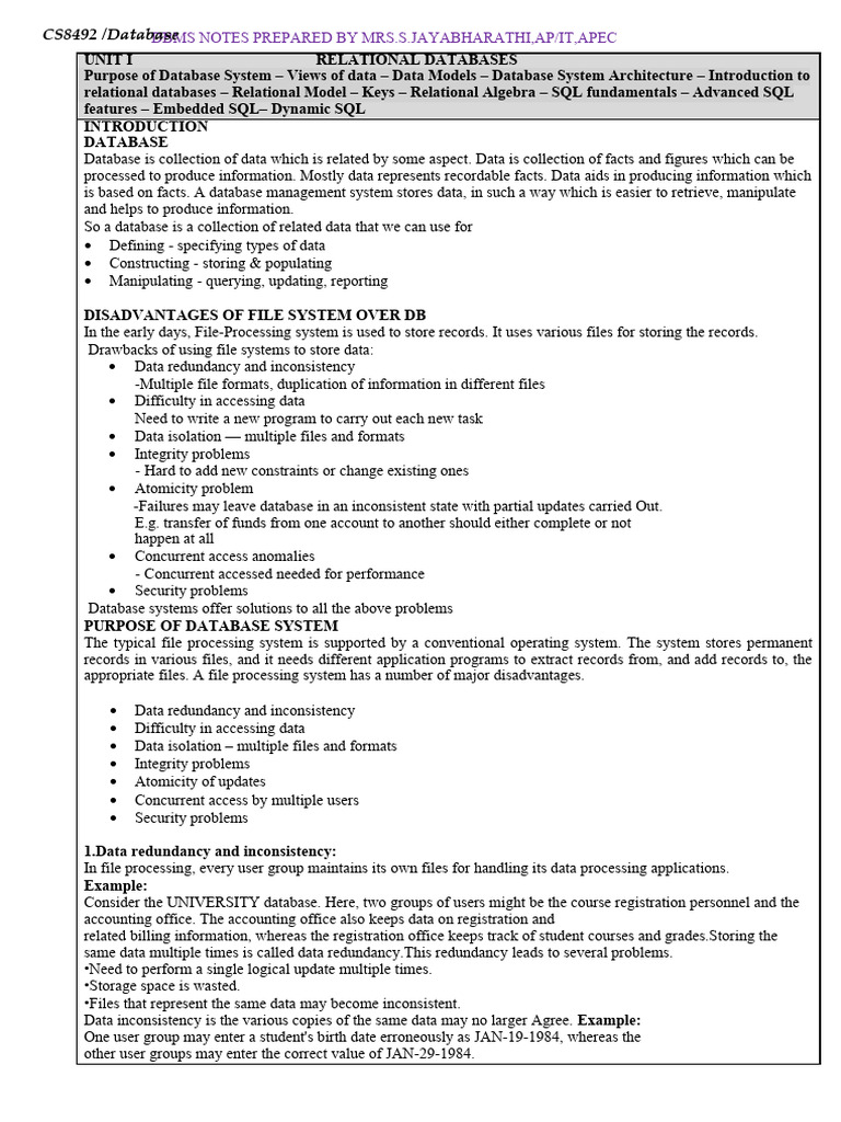 CS8492 - DBMS - Unit 1 | PDF | Relational Database | Databases