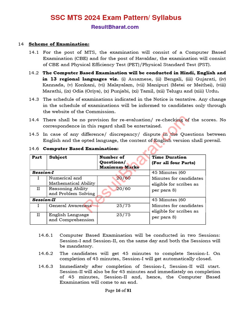 SSC MTS 2024 Exam Pattern Syllabus 2024 | PDF | Languages Of India | Mathematics