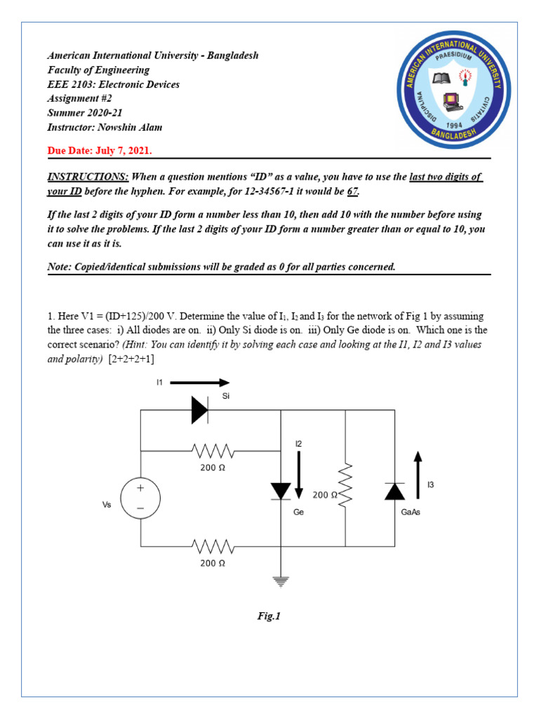ED Assignment 2 Non-OBE Mid Summer2020-21 | PDF | Diode | Electrical Circuits