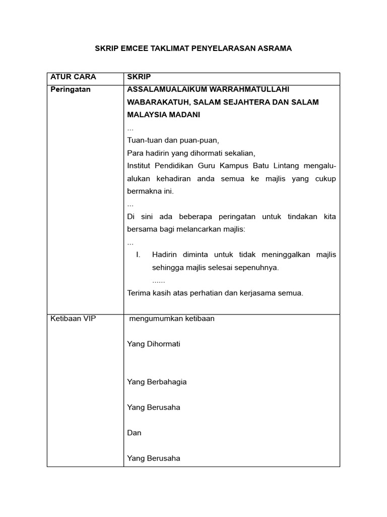 SKRIP EMCEE TAKLIMAT PENYELARASAN ASRAMA Try | PDF | Karier & Perkembangan