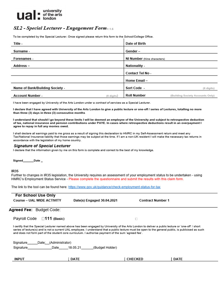 Blank Special-Lecturer-Form-v1-6 | PDF | Personal Finance | Taxes